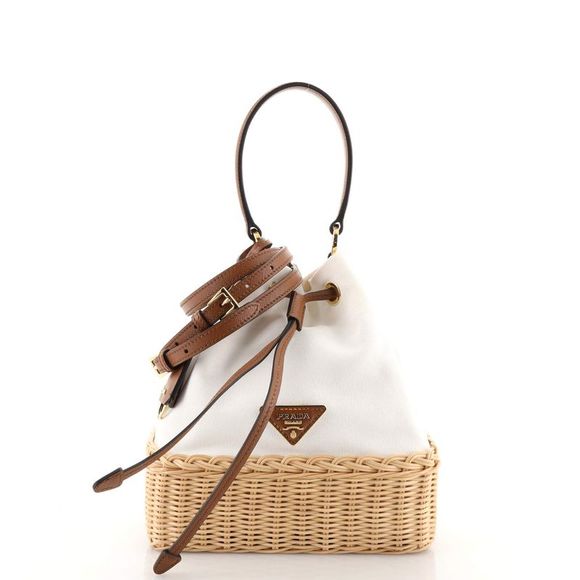 Prada | Bags | Prada Drawstring Bucket Bag Canvas And Wicker Medium ...